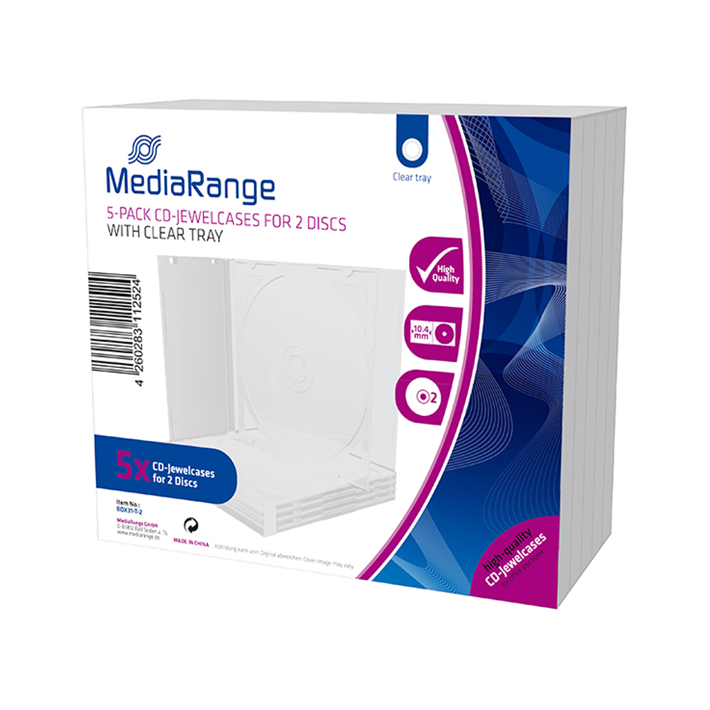 MediaRange CD Jewelcase for 2 Discs, 10.4mm, Transparent Tray, (Pack 5 ...