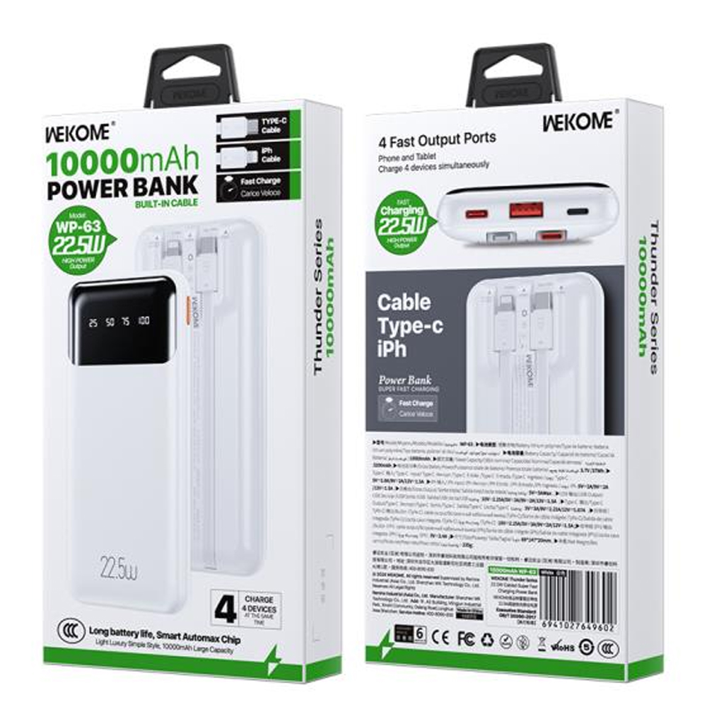 Power Bank WK 10000mAh Lightning/USB-C Built-In Cables 22.5W White WP-63
