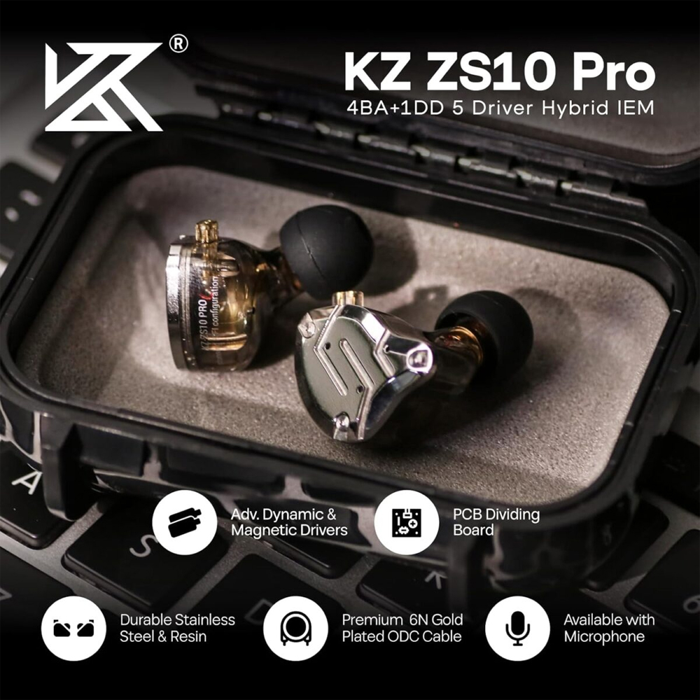 Earphones KZ ZS10 Pro Hybrid 10-Driver IEM 1.2m Black
